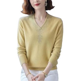 Generic Femmes Automne Hiver Mère Âge moyen Col V Bas Tricot Pull Chaud Pulls, jaune, XXL