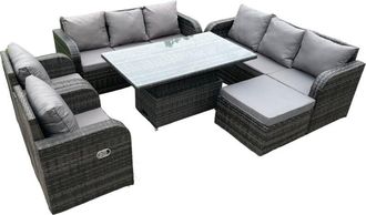 Fimous Fimous 9-Sitzer PE Rattan Outdoor Gartenm&ouml;bel Sets H&ouml;henverstellbare aufsteigende DiningTable Sofa Set mit Liegestuhl Beistelltisch Dunkelgrau