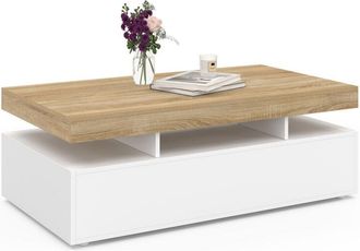 IDMarket Table basse rectangulaire ELSA 2 tiroirs en bois blanc et plateau fa&ccedil;on h&ecirc;tre