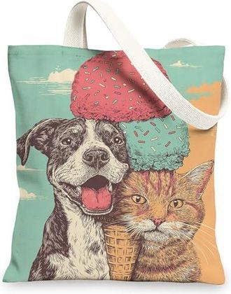 Generic Sacs fourre-tout en toile avec motif animal mignon, sacs à provisions réutilisables, amusants et ludiques, légers et lavables avec bandoulière C, turq