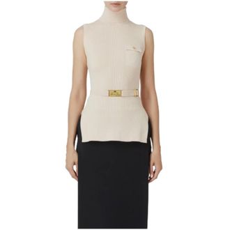 Elisabetta Franchi Geripptes Rollkragentop mit Logo-Tasche - - Tops - Damen - Beige - S
