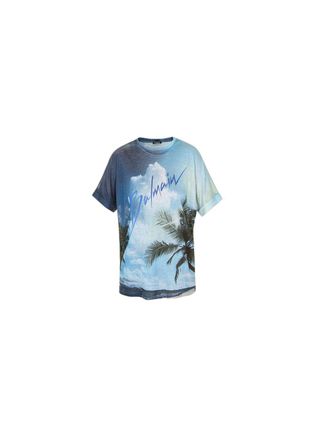 Balmain Blue digital print linen T-shirt Size M