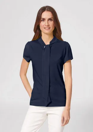 Madeleine Kurzarmshirt Kurzarmoberteil mit Schluppe Schickes Blusenshirt mit V-Ausschnitt und Glanzb&auml;ndern