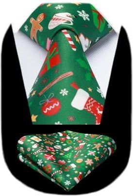 Hisdern Cravate Homme Vert de Noel Bonhomme Arbre Darbre de Neige Tisse pour Fete Cravates et Pochette Set