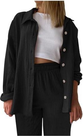Generic Ensemble 2 pi&egrave;ces textur&eacute; d&eacute;contract&eacute; pour femme avec chemise boutonn&eacute;e et pantalon &agrave; cordon de serrage Tenue de d&eacute;tente Surv&ecirc;tement d&eacute;t&eacute; Vacances Ess