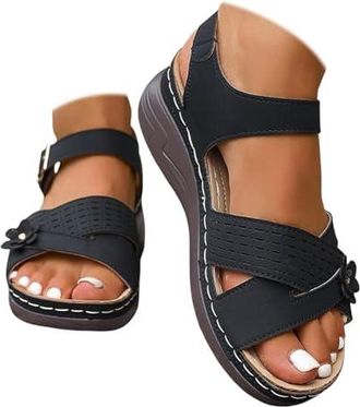 Generic Sandales orthop&eacute;diques larges pour femme 2026, style boh&egrave;me d&eacute;contract&eacute;, plat, &agrave; bout ouvert, &agrave; plateforme florale, couleur unie, &agrave; enfiler, d&eacute;contrac