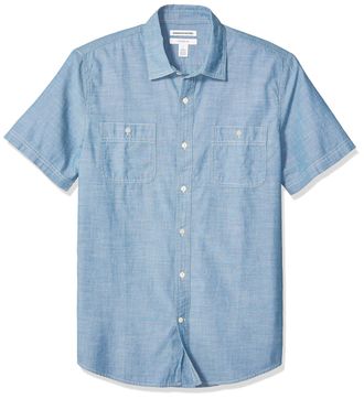 Amazon Essentials Herren Chambray-Hemd mit kurzen Ärmeln in normaler Passform, Mittelblau, XXL