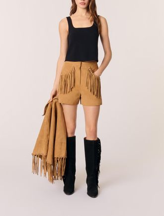 Maje Short &Agrave; Franges En Nubuck - Beige - Taille 40 - Maje
