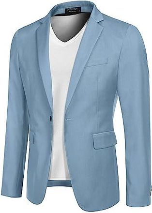Coofandy Veste de costume pour homme, sportive, loisirs, business, veste de costume, 1 bouton, couleur unie, coupe droite, Bleu clair., M
