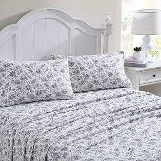 Laura Ashley Zuhause - King-Size-Bettlaken, Baumwoll-Flanell-Bettwäsche-Set, gebürstet für zusätzliche Weichheit und Komfort (Black Faye Toile, 4-teilig, King-Size