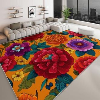 Generic Tapis Orange Lavable pour Salon, Tapis &agrave; Poils Courts Antid&eacute;rapant Traditionnel &Eacute;l&eacute;gant Fleurs Feuilles pour Enfants Bureau Salle &agrave; Manger Cuisine et 