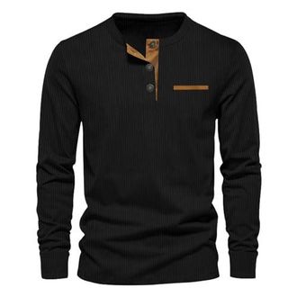 Generic Henley Chemises pour homme en velours c&ocirc;tel&eacute; avec poche, manches longues, quart de boutonnage, chemisier d&eacute;contract&eacute;, Z01-noir., XXL