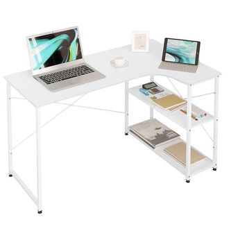 Woltu Bureau en L avec Rangement et Etagere, Table Bureau Blanc pour Études et Chambre Ado, 120x73x72 cm
