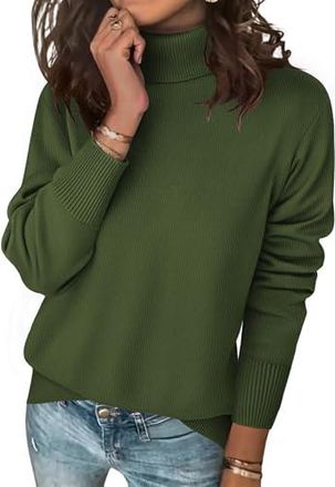 Zeagoo Pull &agrave; col roul&eacute; &eacute;l&eacute;gant pour femme - Pull en tricot &agrave; manches longues - D&eacute;contract&eacute; - Col roul&eacute; - Tricot&eacute; - Pour lautomne et lhiver, Vert arm&eacute;e., L