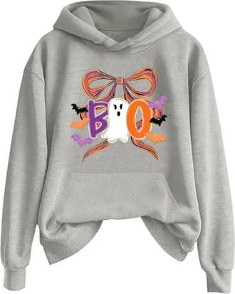 Generic Vestes pour femmes 2026 - Pull &agrave; capuche imprim&eacute; Halloween - Manches longues - D&eacute;contract&eacute; - Col rond - Mode dautomne - Veste polaire confortable, gri