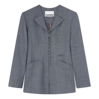 Ganni Woll Melange Anzug Lang Knopf Blazer - - Jackets - Damen - Grau - XS