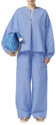 Scotch & Soda Damen Cotton Linen Bib Shirt, Blue and White Pin Stripe, 38 EU