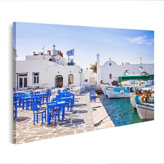 Islandburner Bild auf Leinwand Griechische Hafenidylle mit Booten und blauen St&uuml;hlen Bilder Wandbilder 80x40cm