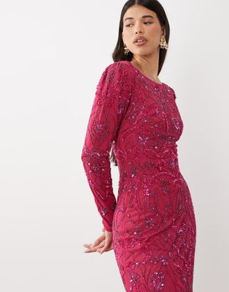 Beauut Robe longue en tulle orn&eacute;e de perles &agrave; encolure bateau - Rose