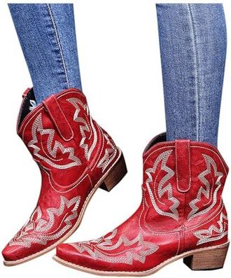 Generic Bottines mi-mollet pour femme, bottines de cow-boy, bout pointu brodé, chaussures à talon épais, Rouge, 40.5 EU