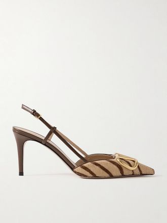 Valentino Garavani Vlogo 80 Slingback-pumps Aus Bedrucktem Kalbshaar Mit Lederbes&auml;tzen Und Verzierung - Braun