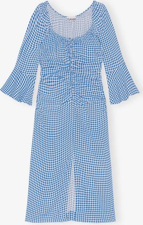 Ganni Robe midi fronc&eacute;e en cr&ecirc;pe imprim&eacute; avec encolure U Bleu Viscose - Taille 32 - Pour Femme