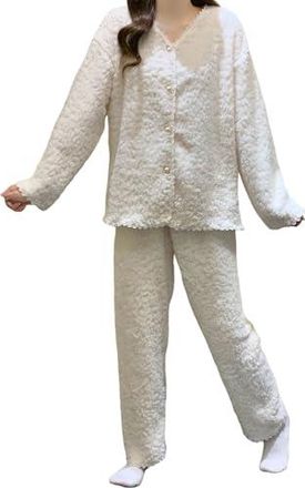 Generic Pijamas Femme Hiver Sexy, Pyjama dhiver en Flanelle Douce pour Nuits Froides Tenue De D&eacute;Tente &Eacute;L&eacute;Gante &agrave; Manches Longues avec Motif Jacquard Confortab