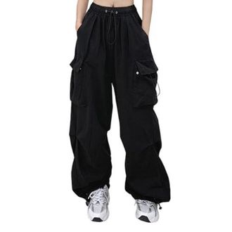 Generic Pantalon cargo pour femme - Taille haute - Jambe large - Baggy d&eacute;contract&eacute; - Pantalon de parachute Y2K Streetwear avec plusieurs poches, Noir, XXL