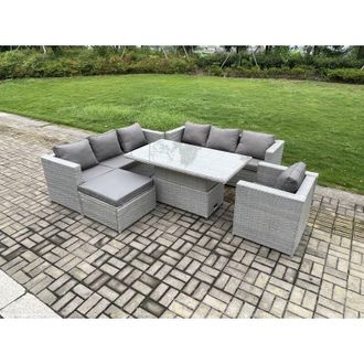 Fimous Meubles &agrave; manger de jardin en rotin 2 canap&eacute;, Table &agrave; manger r&eacute;glable en hauteur et Fauteuil, Grand Tabourets pour Pelouse Terrasse Int&eacute;rieure Gris