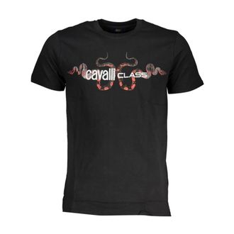 Cavalli Homme, Tops, Noir, Taille: XL T-shirt en coton à imprimé audacieux