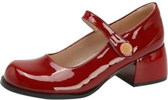 Generic Femme Chaussures Mary Jane Rétro en Cuir Verni Escarpins à Talon Carré Boucle Sangle Bout Rond Semelle Antidérapante Élégantes Bouche Peu Profonde Cha