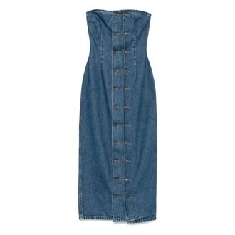 Rotate Rotate Birger Christensen, Femme, Robes, Bleu, Taille: 36 FR Robe Bleue sans Bretelles en Denim avec Boutons