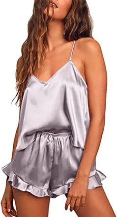 Onsoyours Ensemble De Pyjama Femme Sexy Chic été 2 Pièces Satin Shorts Et Col V sans Manches Camisole Mode Vêtements De Nuit Pyjama Set Nightwear A Argenté 3XL