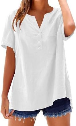 Generic T-shirt d&eacute;t&eacute; en coton pour femme - Couleur unie - Col en V - Manches courtes - L&eacute;ger et a&eacute;r&eacute; - Chemisier daffaires avec poche - Hauts d&eacute;t&eacute; amples - Ch