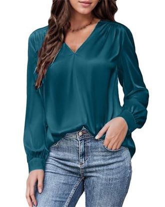 Generic Womens Dressy Satin Blouses Fall Long Sleeve Work Shirts Business Casual V-Neck Tops