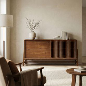 IDIMEX Sideboard Adamo 145 cm aus Massivholz, Kastanie Finish - Kommode mit markanter Lamellenschiebet&uuml;r, Wohnzimmer M&ouml;bel mit 2 Schubladen, Anrichte mit ver