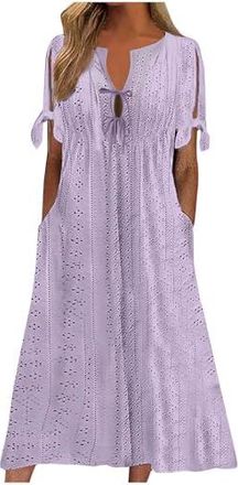 Generic Robe unie pour femme, tendance, d&eacute;contract&eacute;e, col en V, manches courtes, moulante, &eacute;l&eacute;gante, lilas, XXL