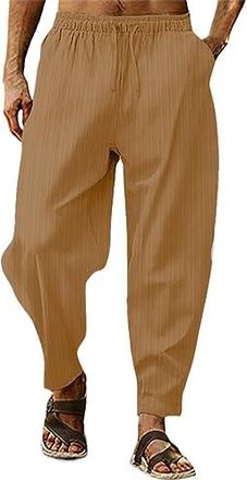 Generic Pantalon en lin pour homme - Blanc - Ray&eacute; - Pantalon de loisirs - Respirant - Pantalon de yoga baggy - Avec poches - Pantalon chino avec &eacute;lastique - P