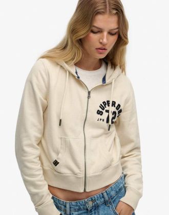 Superdry Athletic - Locker geschnittene Cropped-Kapuzenjacke in Turtledove-Cremewei&szlig; mit Rei&szlig;verschluss