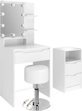 Vicco Schminktisch Ruben, Weiß, mit Schubladenschrank, led Beleuchtung und Hocker Vicco