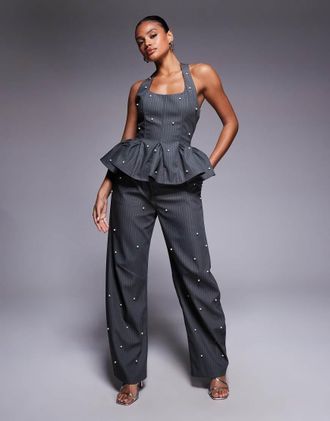 Asos Barrel-Leg-Hose in Grau mit Nadelstreifen und Perlen, Kombiteil