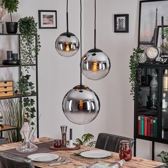 HOFSTEIN H&auml;ngeleuchte Gastor, H&auml;ngelampe aus Metall/Glas in Schwarz/Chrom-/Rauchfarben, Leuchte im Retro/Vintage-Design mit Schirmen aus Glas (&Oslash; 20, 25, 30 cm)