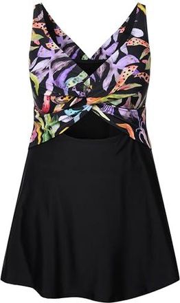 Ulla Popken Robe de Bain Noeud Fleurs Recyclage Maillot pi&egrave;ce, Noir, 44 Femme