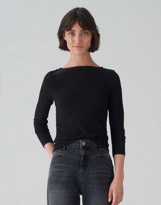 OPUS Langarmshirt SOVKE aus Baumwoll Mix figurbetont geschnitten, U-Boot-Ausschnitt, Rippstruktur