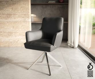 DELIFE Drehstuhl Heira-Flex mit Armlehnen Echt-Leder Schwarz Kreuzgestell breit Edelstahl 360&deg; drehbar Taschenfederkern, Esszimmerst&uuml;hle