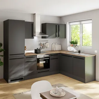 Casa home24 Eck-K&uuml;chenzeile 280cm Schwarz/Matt Schwarz mit Elektroger&auml;ten