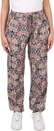 Easy Young Fashion Pantalon dété pour femme - Pantalon de loisirs floral avec taille élastique - Pantalon long bohème - Pantalon de plage en coton 777, Bleu corail, 34-3