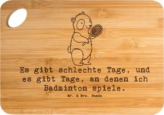 Mr. & Mrs. Panda Bambus - Schneidebrett Panda Badminton - Geschenk, Schneidbrett, K&uuml;chenbrett, Holzbrett, Danke, Hobby, Badminton Spielen, Holz