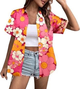 Generic Chemise hawa&iuml;enne d&eacute;t&eacute; pour femme - Palmier hawa&iuml;en - Cara&iuml;bes tropicales - Manches courtes - Boutonn&eacute;e - D&eacute;contract&eacute;e - Pour croisi&egrave;re, golf, graphiq