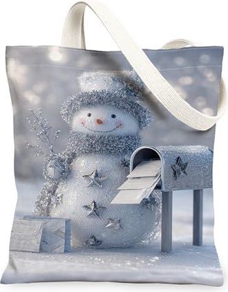 Generic Sacs fourre-tout en toile motif bonhomme de neige dhiver, sacs d&eacute;picerie r&eacute;utilisables, vintage chic, l&eacute;gers et lavables, blanc, 13x15 Inch